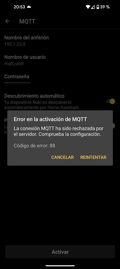 Error Code 88 Trying To Configure A Home Assistant Mqtt Server Mqtt